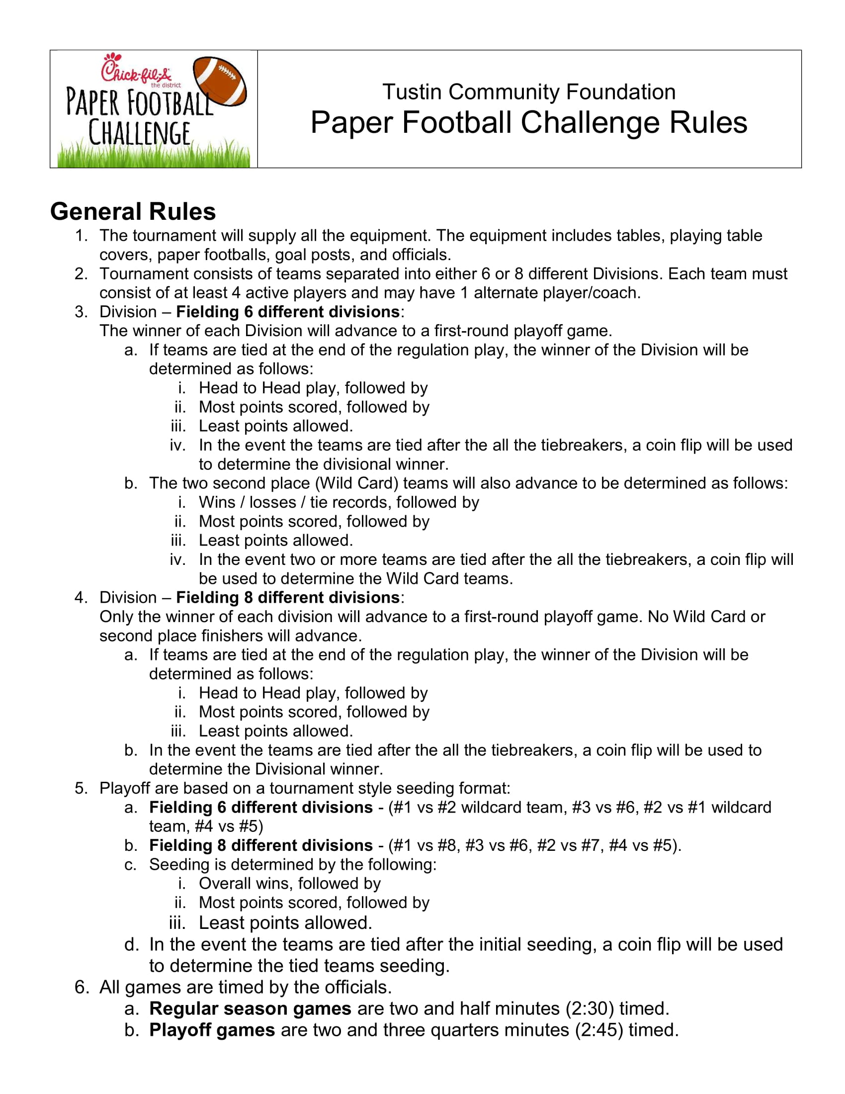 Paper Football Rules Tustin Community